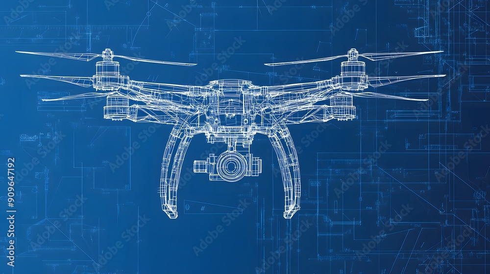 Blueprint-style vector line drawing of a quadcopter or drone, featuring ...