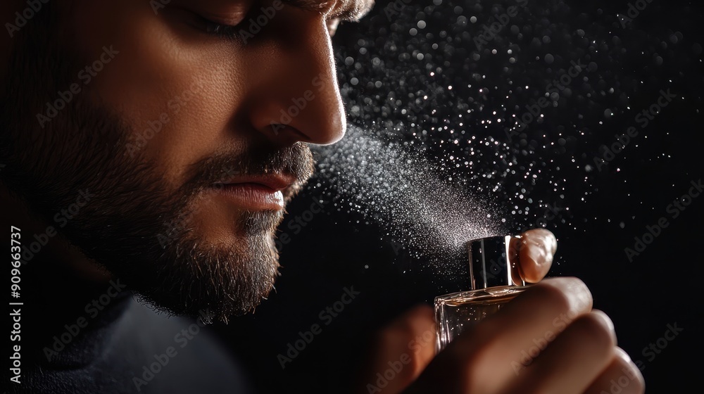 Handsome Man spraying luxury perfume on dark background,Bottle of ...