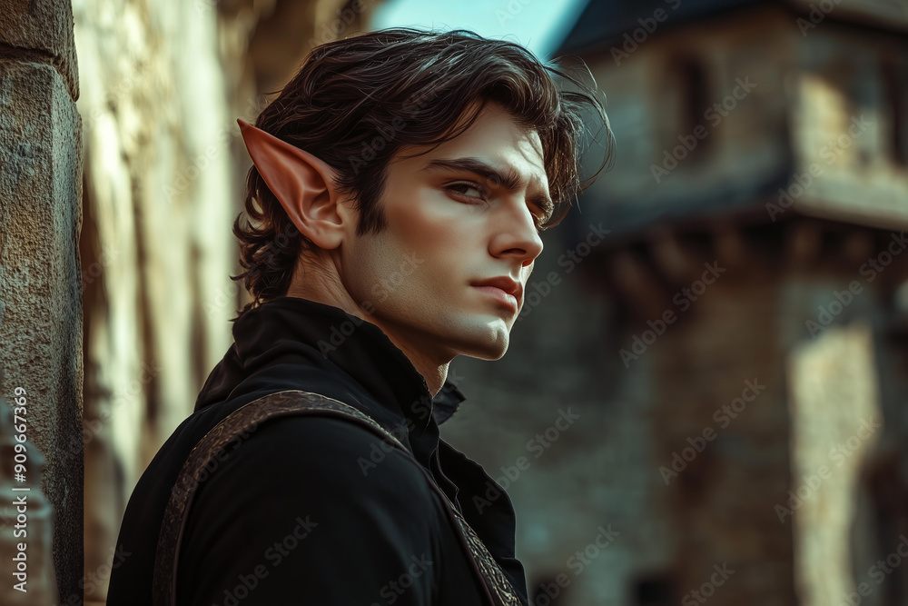 attractive male fae with pointed elf ears wearing black in a medieval ...