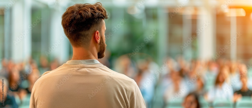 young man standing backwards facing audience in large conference room ...