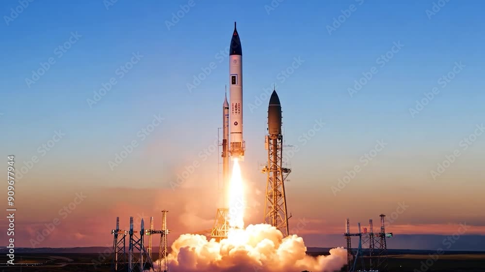 A rocket ascends into the sky with flames and smoke, launched against a ...