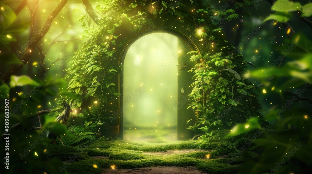 Craft a stunning image of a hidden doorway in an enchanted forest ...