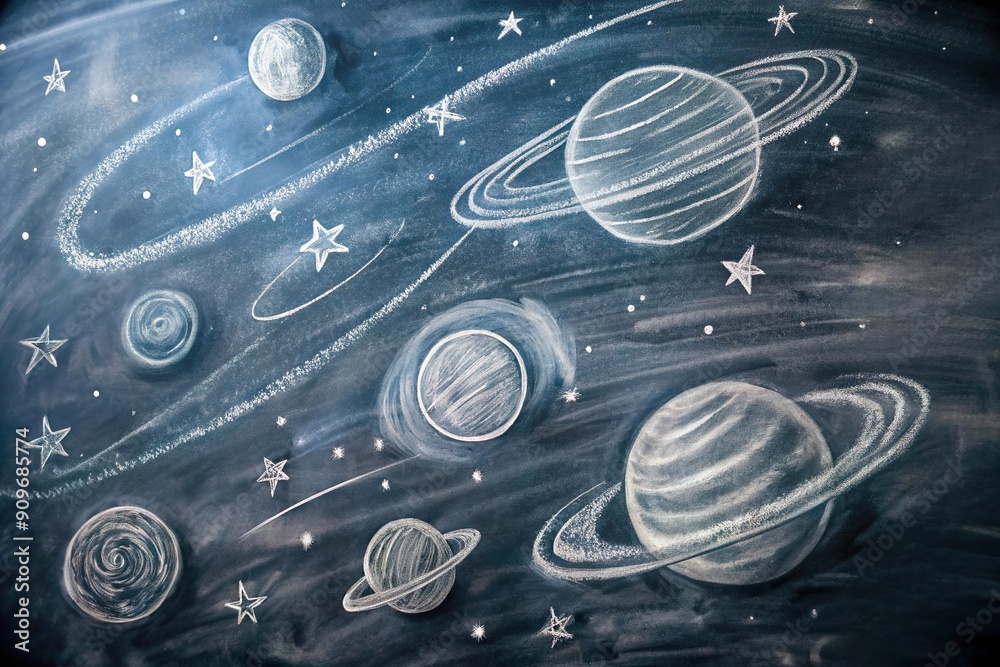 planet and star drawing in white chalk on blackboard. Astronomy and ...