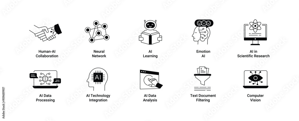 AI and Machine Learning Icon Set: Neural Networks, Computer Vision, and ...