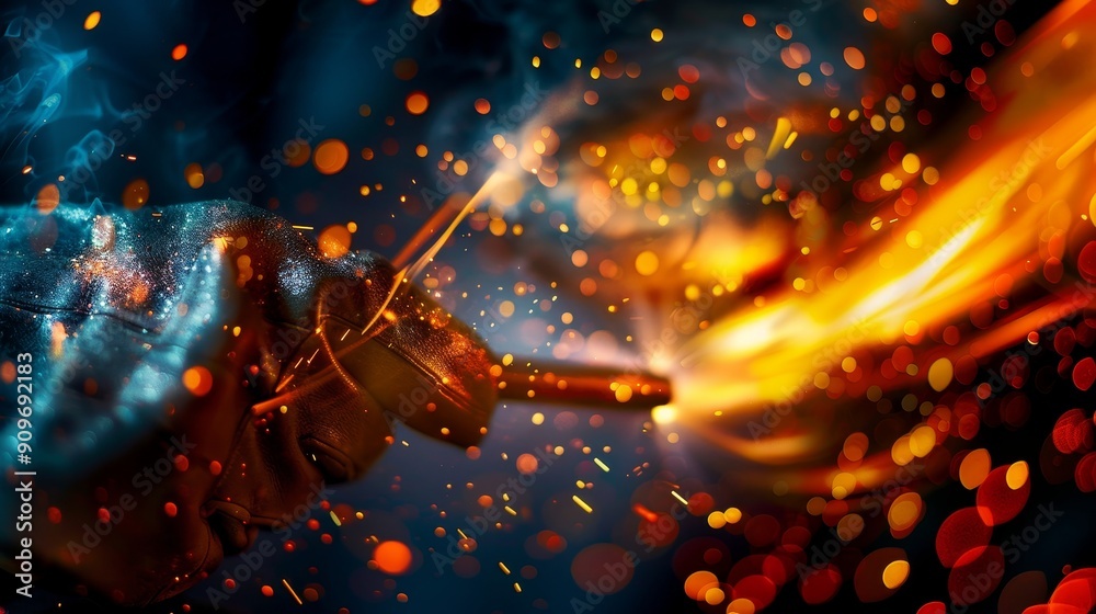 Welding scene with a torch, fused with abstract imagery in a double ...