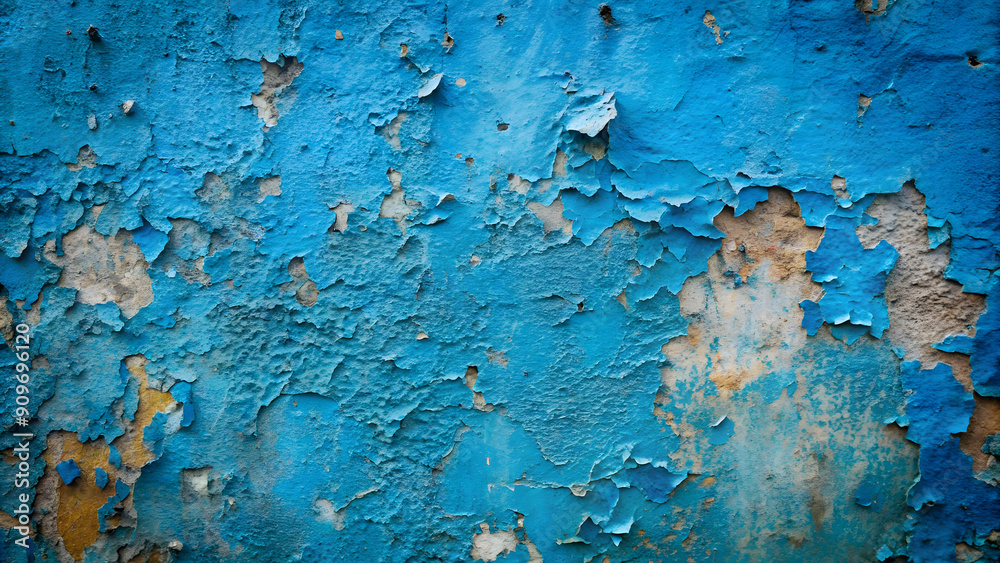 Peeling blue paint on a weathered wall Rusty, textured surface with ...