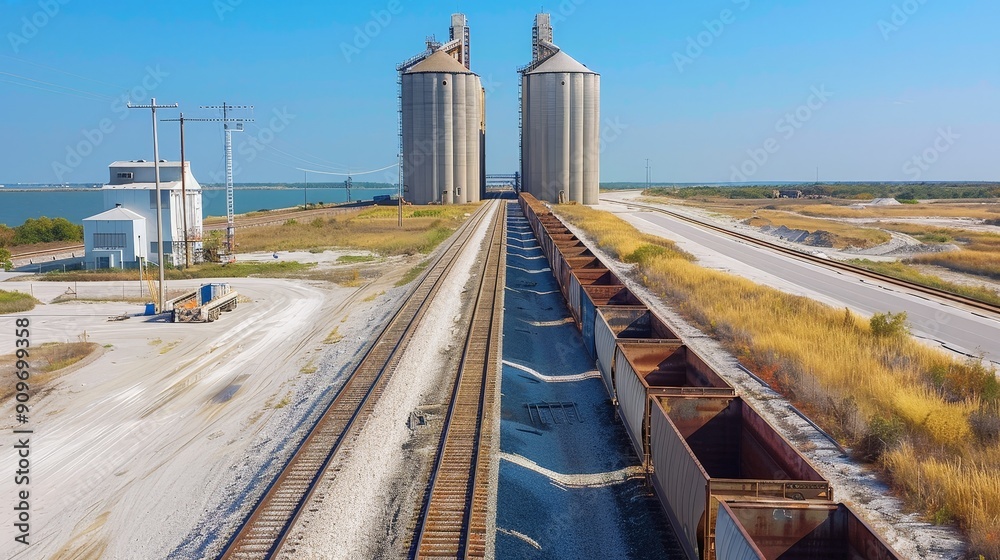 Rail yards with rail car loading ramps and bulk transfer facilities ...