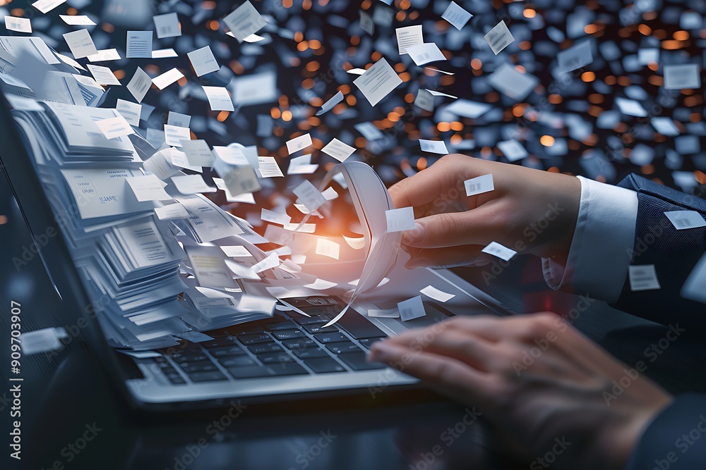A male professional in a suit interacts with a laptop as digital ...