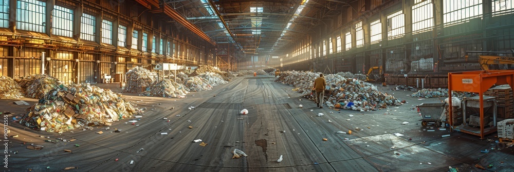 Industrial warehouse filled with piles of plastic waste and recyclables ...