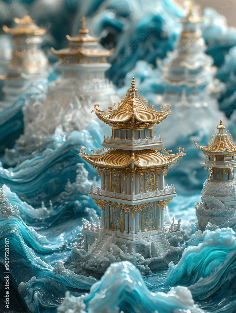 chinese temple in the night, pavilions and towers, blue green water ...