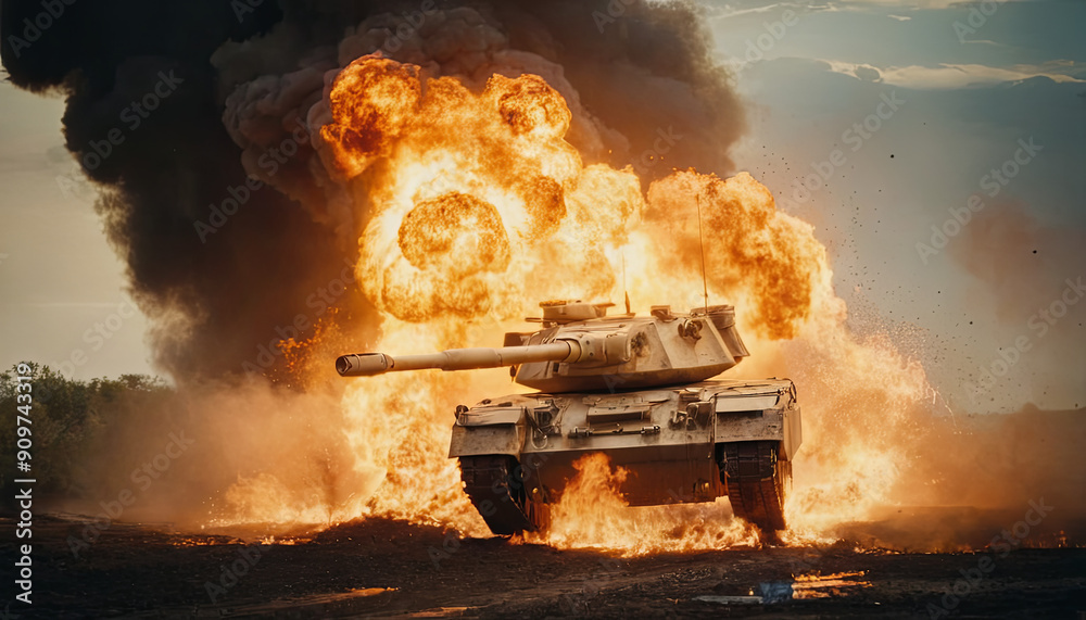 A tank is engaged in battle as explosions and thick smoke surround the ...