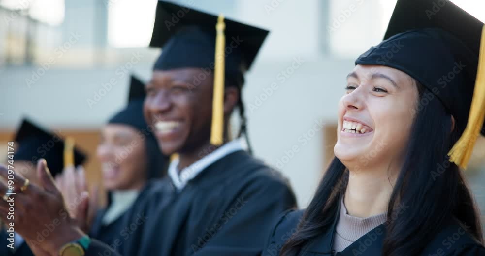Happy woman, applause and graduation with students at ceremony in ...