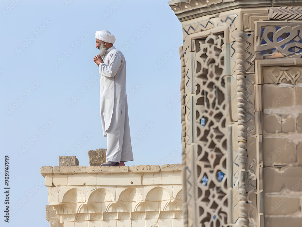 A Muslim man in traditional attire calling worshippers to prayer from a ...