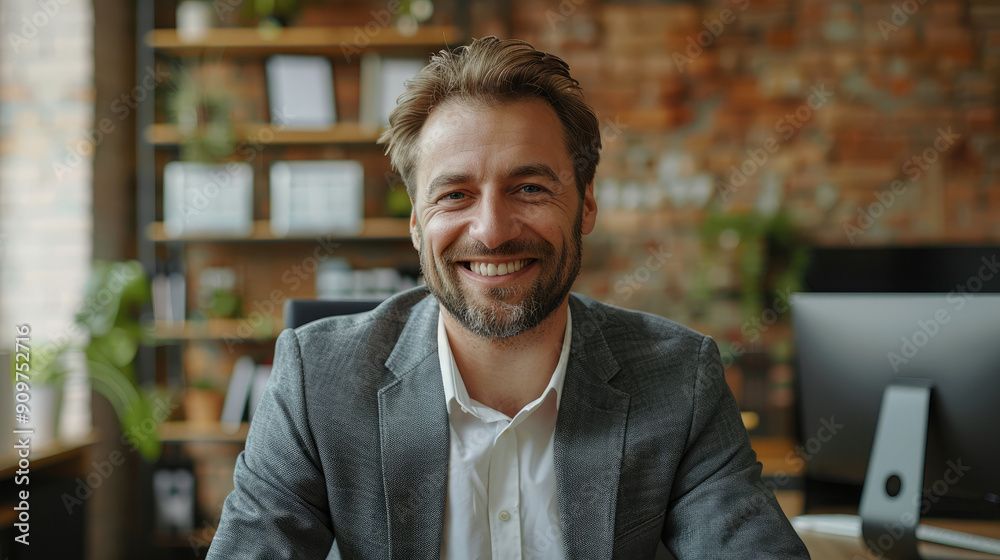 Happy facial expression of male job candidate wearing business suit ...