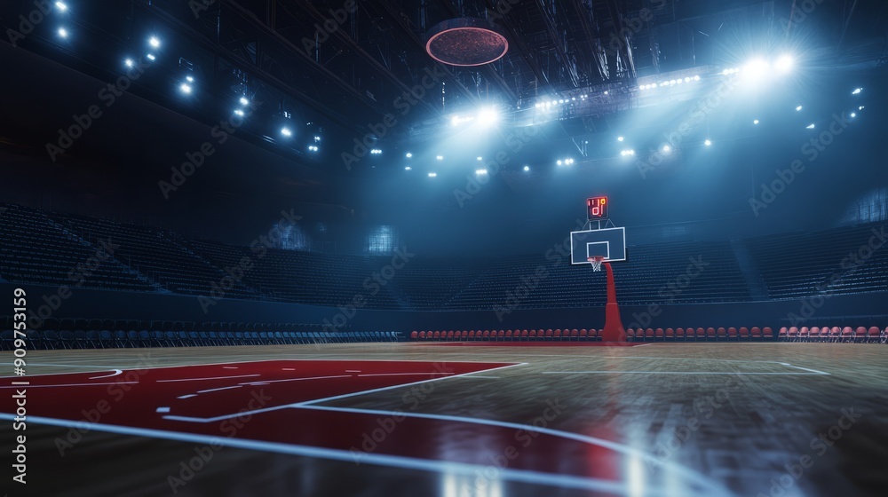 Inside of an empty basketball arena, there is a basketball court with a ...