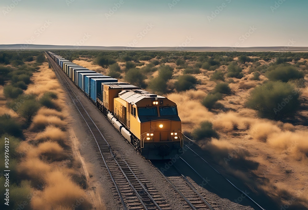 train cargo tracks many side sky containers area desert blue green it ...