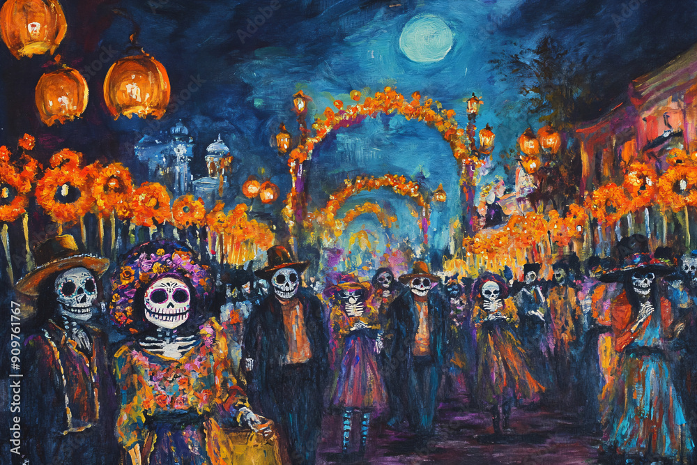 Colorful painting of Dia de los Muertos parade with skeletons in ...