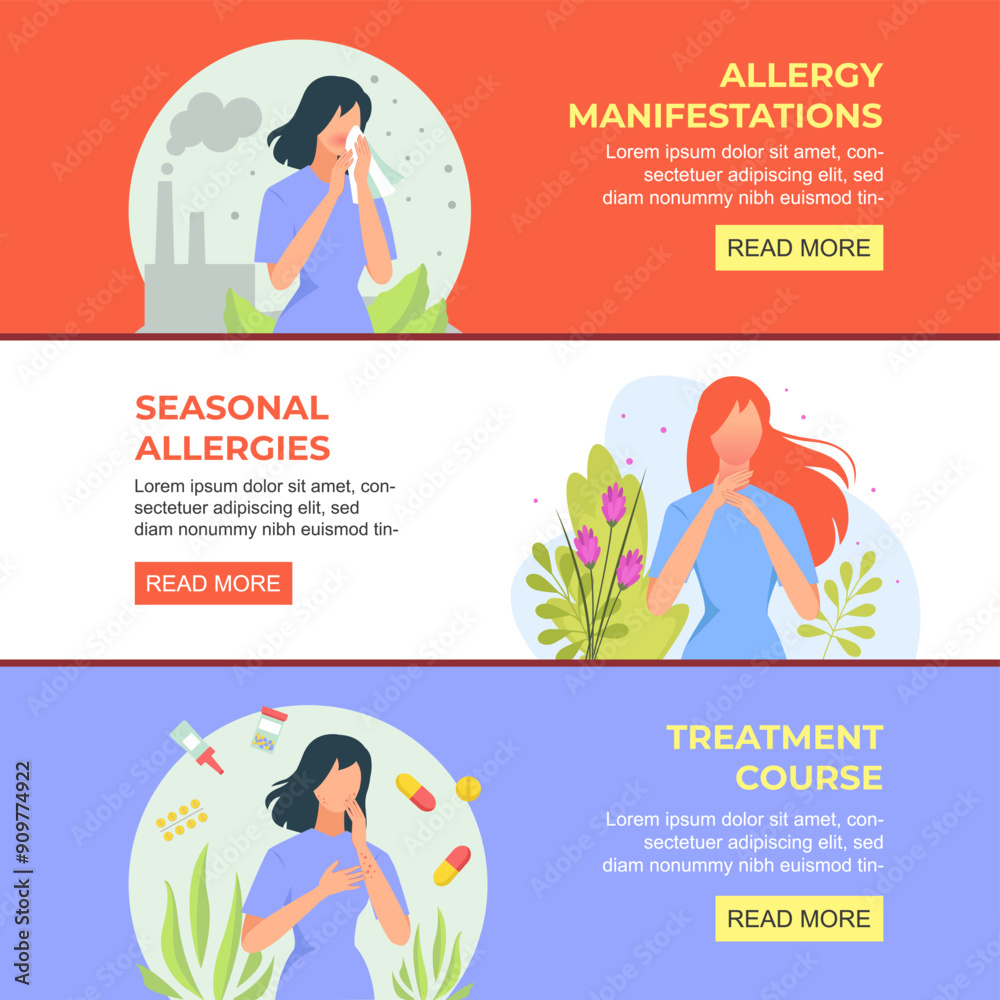 allergy symptoms banners. cartoon horizontal banners collection ...