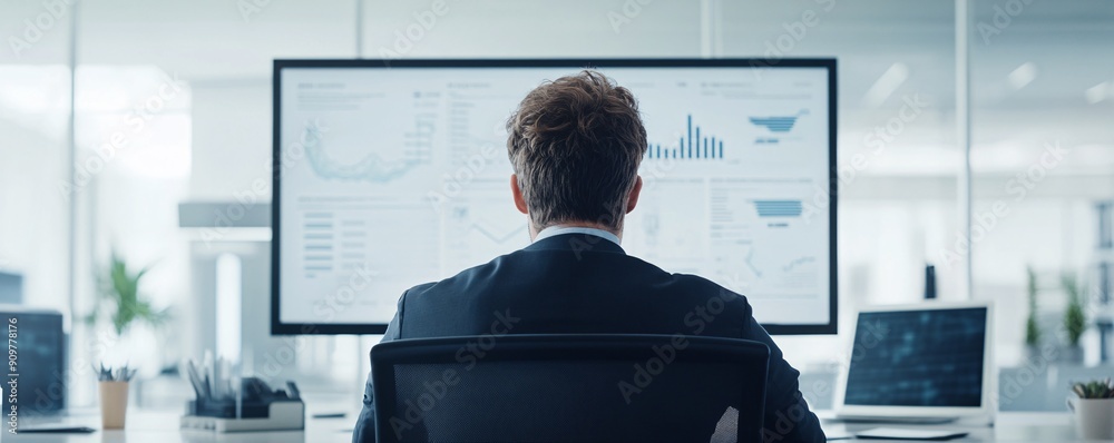 In a minimalist office setting, a financial advisor explains market ...