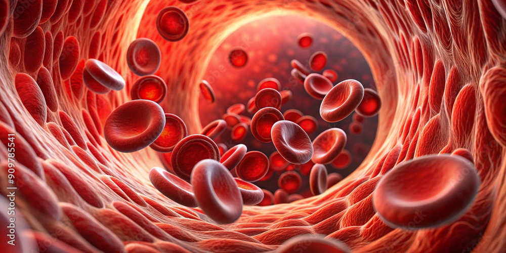 Blood stream. Red blood cells blood vessels inside. In the human body ...