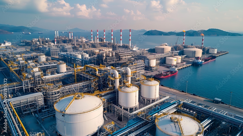 LNG gas plant is standing on the seaside. Aerial view. Liquefied ...