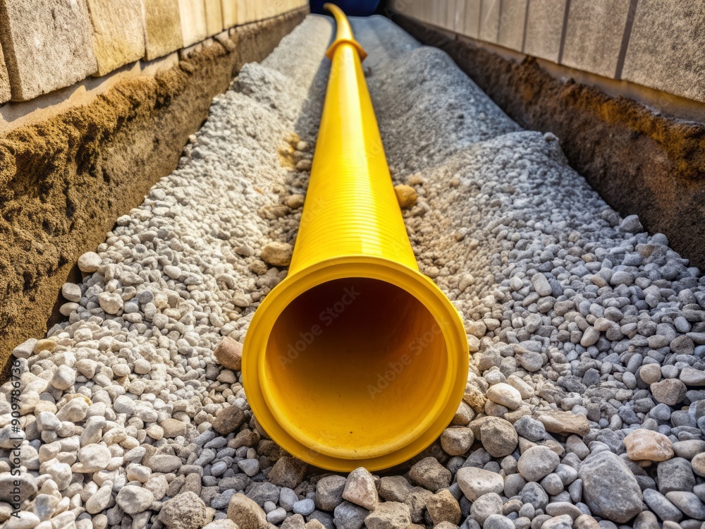 A sturdy yellow drain pipe lies in a trench filled with compacted ...