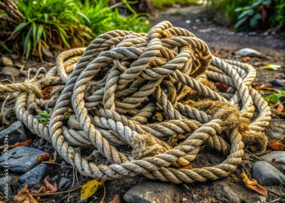 Abandoned rope lump, gnarled and weathered, lies forsaken on the ground ...