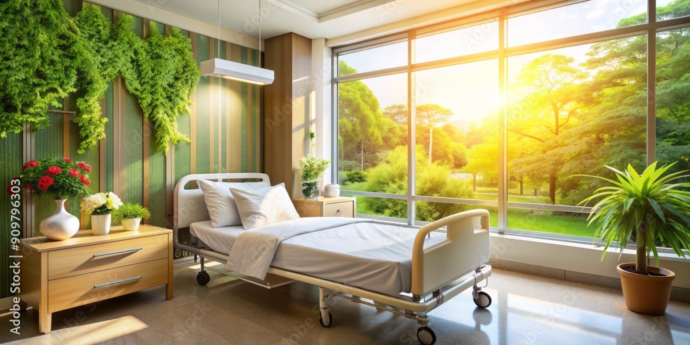 Serene sunlit hospital room with comfortable bed, calm ambiance, and ...