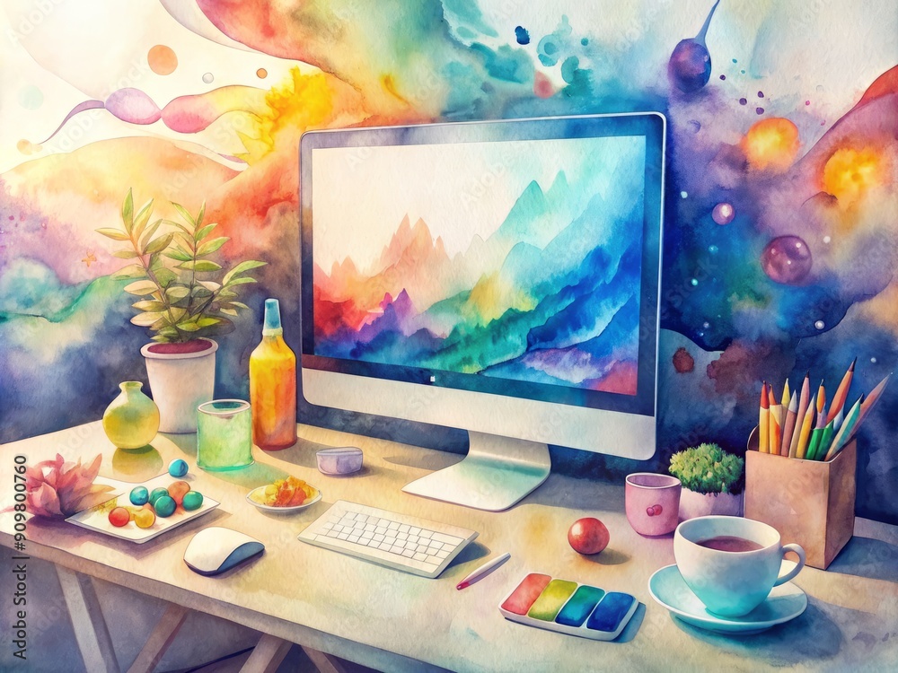 A modern workstation cluttered with colorful design elements ...