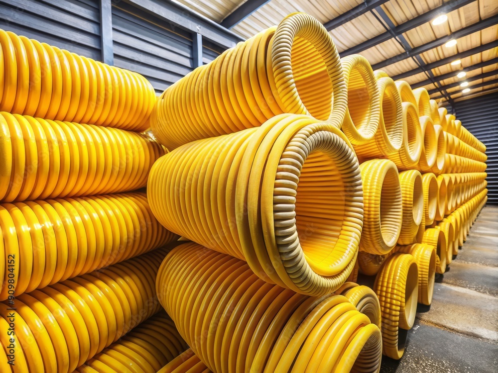 Yellow corrugated HDPE pipe coils stacked in a warehouse, showcasing ...