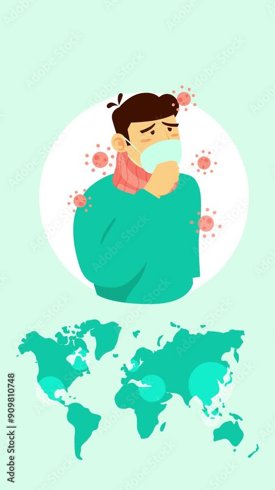 Man in scarf coughing, coronavirus flying around him, world map with ...