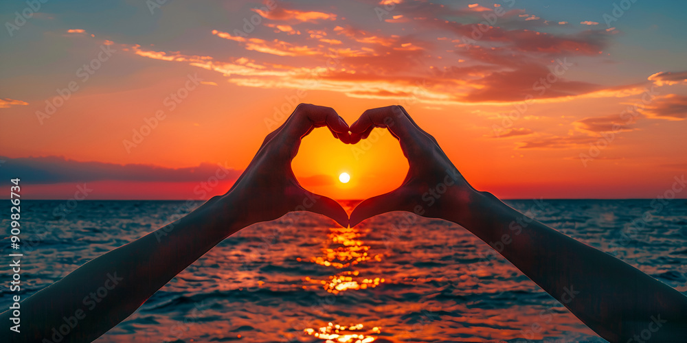 Romantic Sunset Over Ocean with Hands Forming a Heart, Love and Romance ...