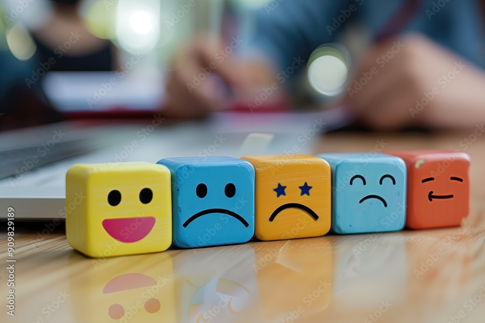 Five wooden painted cubes symbolizing variety of emotions of a person ...