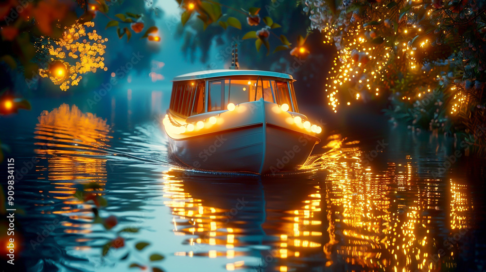 Realistic photo of a magical electric boat, beautiful elements ...