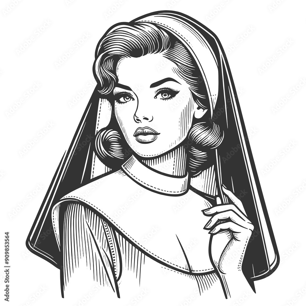 pin-up style nun with a modern twist, featuring stylish hair and a ...