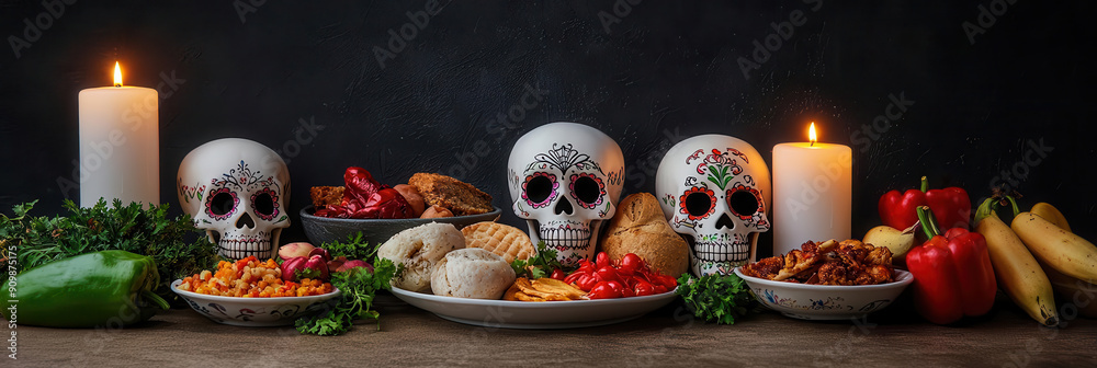 Elegant Day of the Dead altar setup with detailed sugar skulls ...