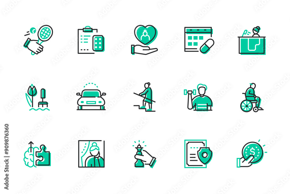 Life in retirement - set of line design style icons isolated on white ...