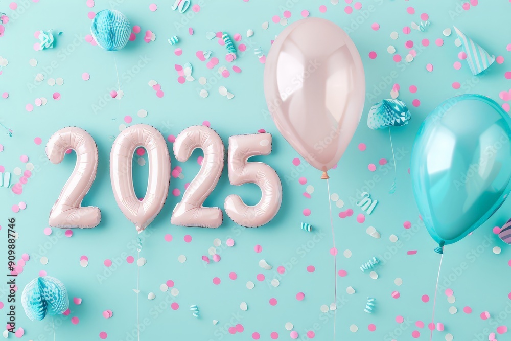 Pink and blue 2025 balloons with confetti on a light blue background ...