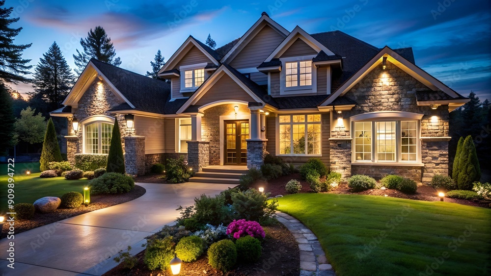 Beautiful home exterior in evening with glowing interior lights and ...