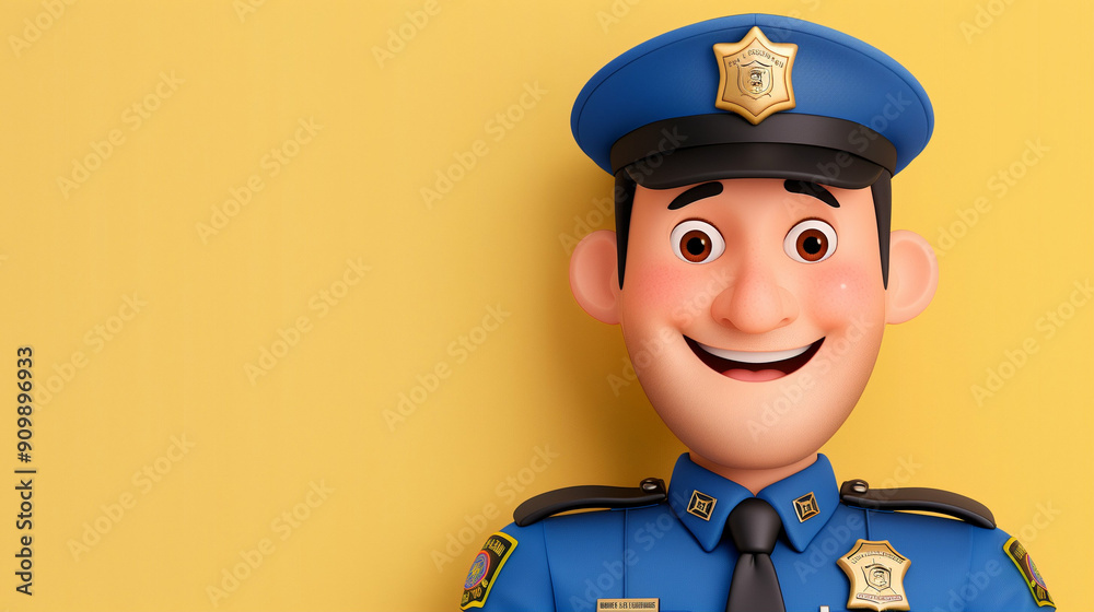 Cartoon police officer with a friendly smile wearing a blue uniform and ...
