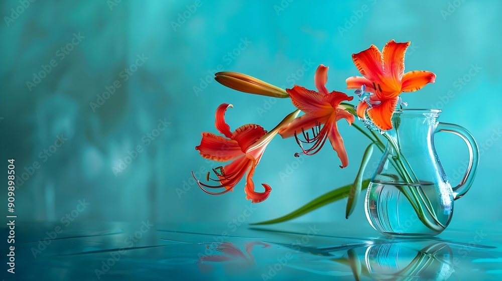 Flame lily flowers or glory lily in a vase and jug on blue mirror ...
