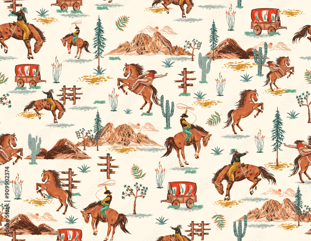 Cowboy and Cow girl seamless vector pattern. Howdy Cowboy boots, hat ...