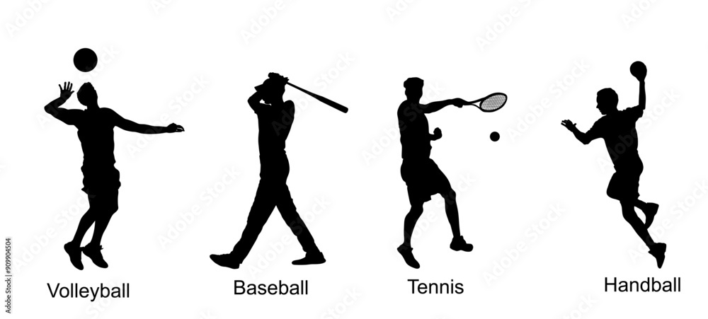 Set of ball sport discipline players with ball vector silhouette ...