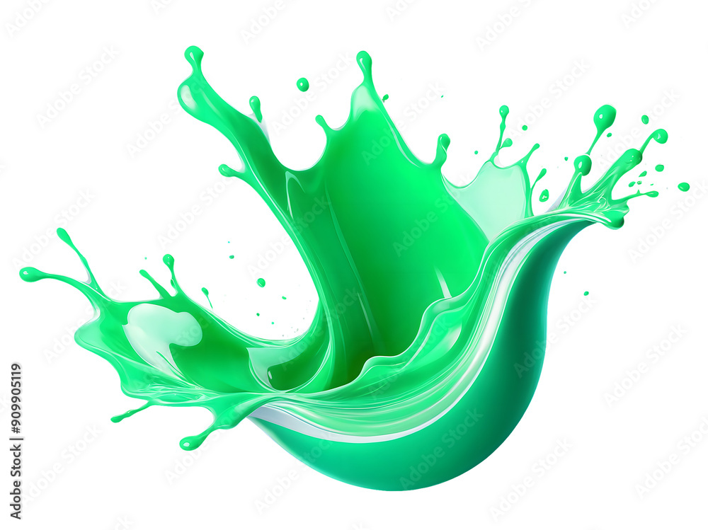 An energetic splash of vibrant green liquid, isolated on a transparent ...