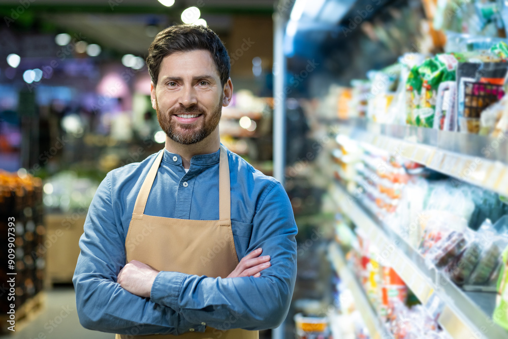 Confident male grocery store employee standing with arms crossed in ...