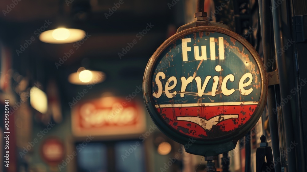 The vintage gas station sign prominently displays the words Full ...