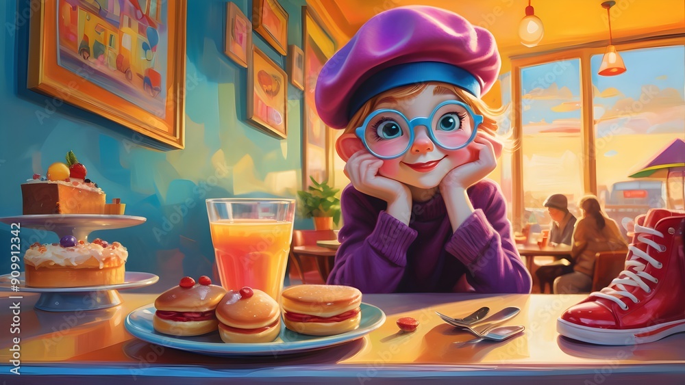 food character arrayed in a colorful cafe setting peering over frosty ...