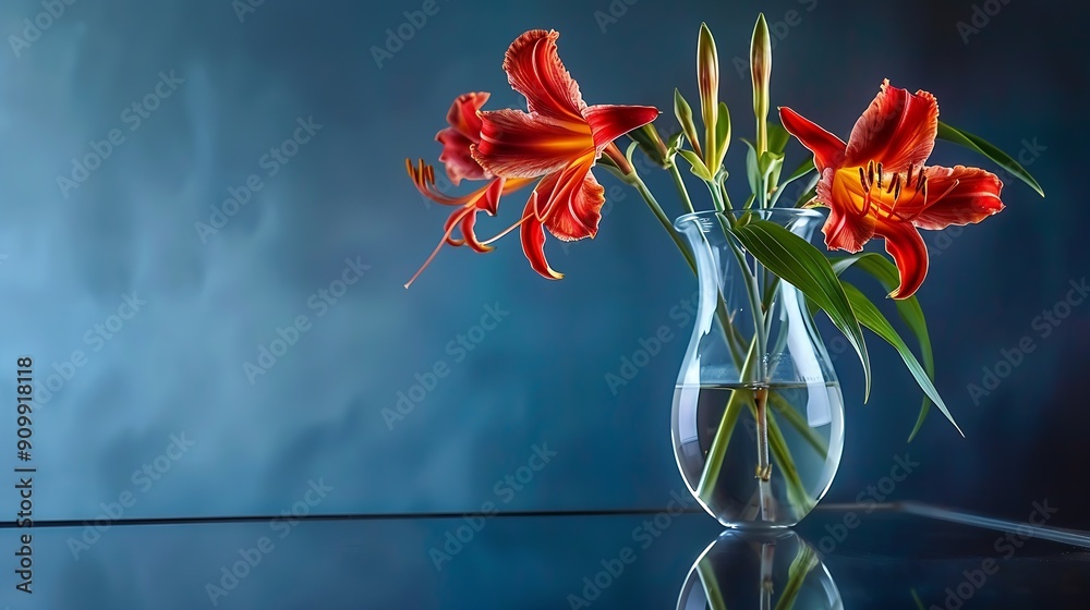 Flame lily flowers or glory lily in a vase and jug on blue mirror ...