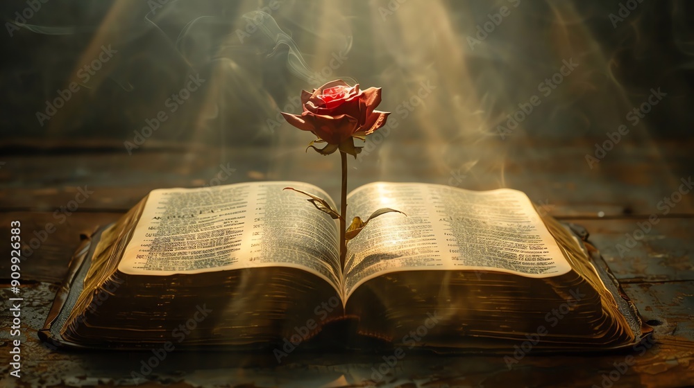 An illustration of The Holy Bible with a red rose growing from the ...