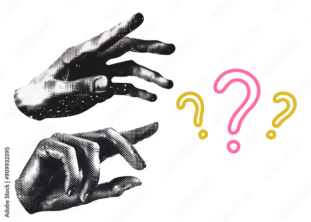 Question mark and pointing hands collage, effect halftone grain texture ...